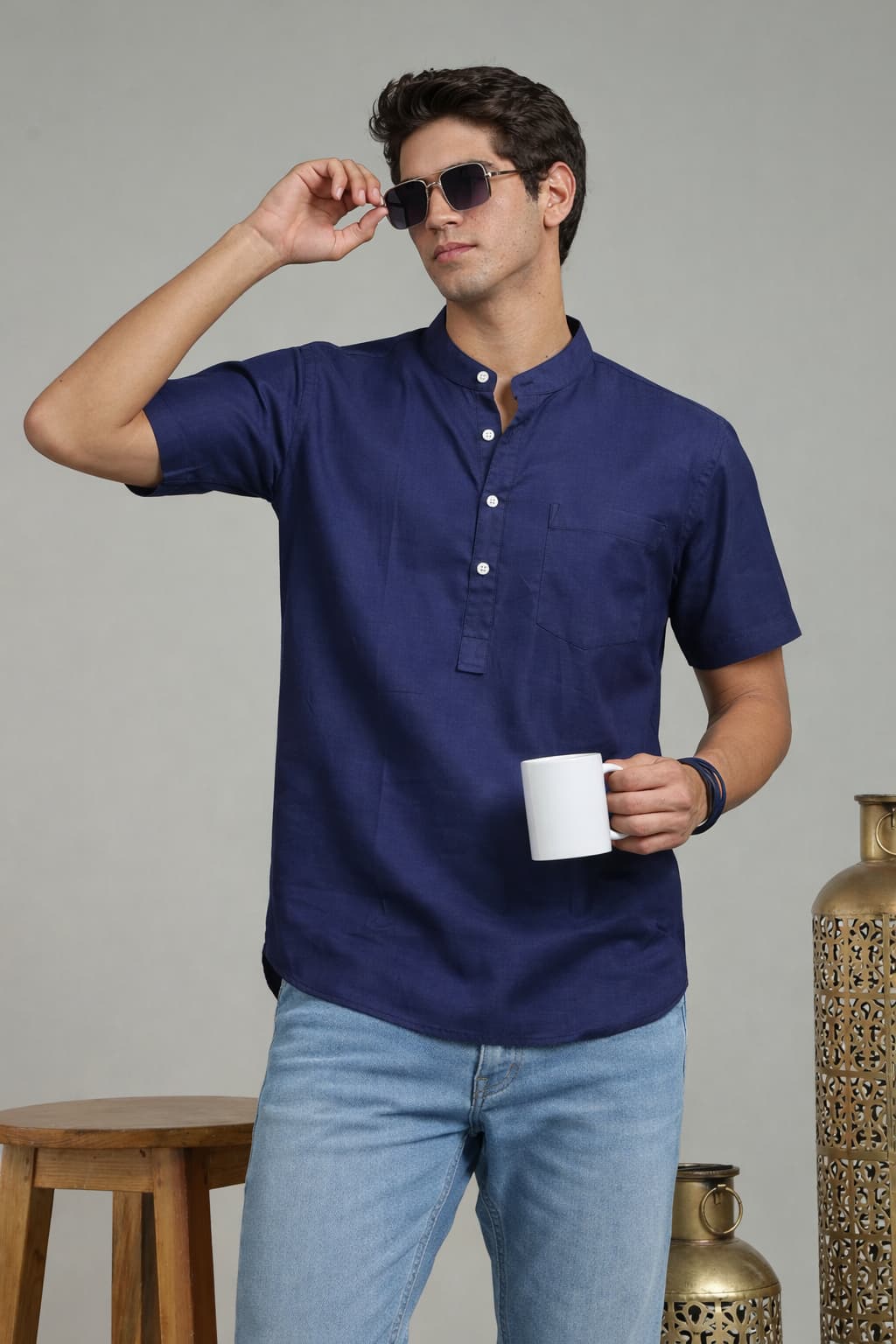 Men’s Navy Blue Mandarin Collar Short Kurta - Cotton Casual Wear – Dymora